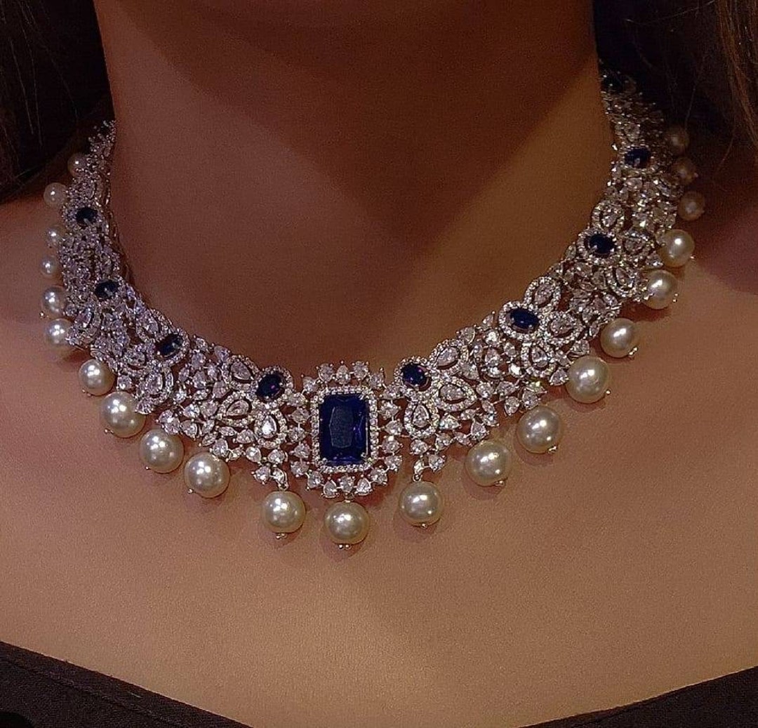 White Gold Plated Exclusive Blue Sapphire Lab Diamond Pearls Choker Necklace With Statement Earrings pakistani Necklace statement Jewelry Etsy UK