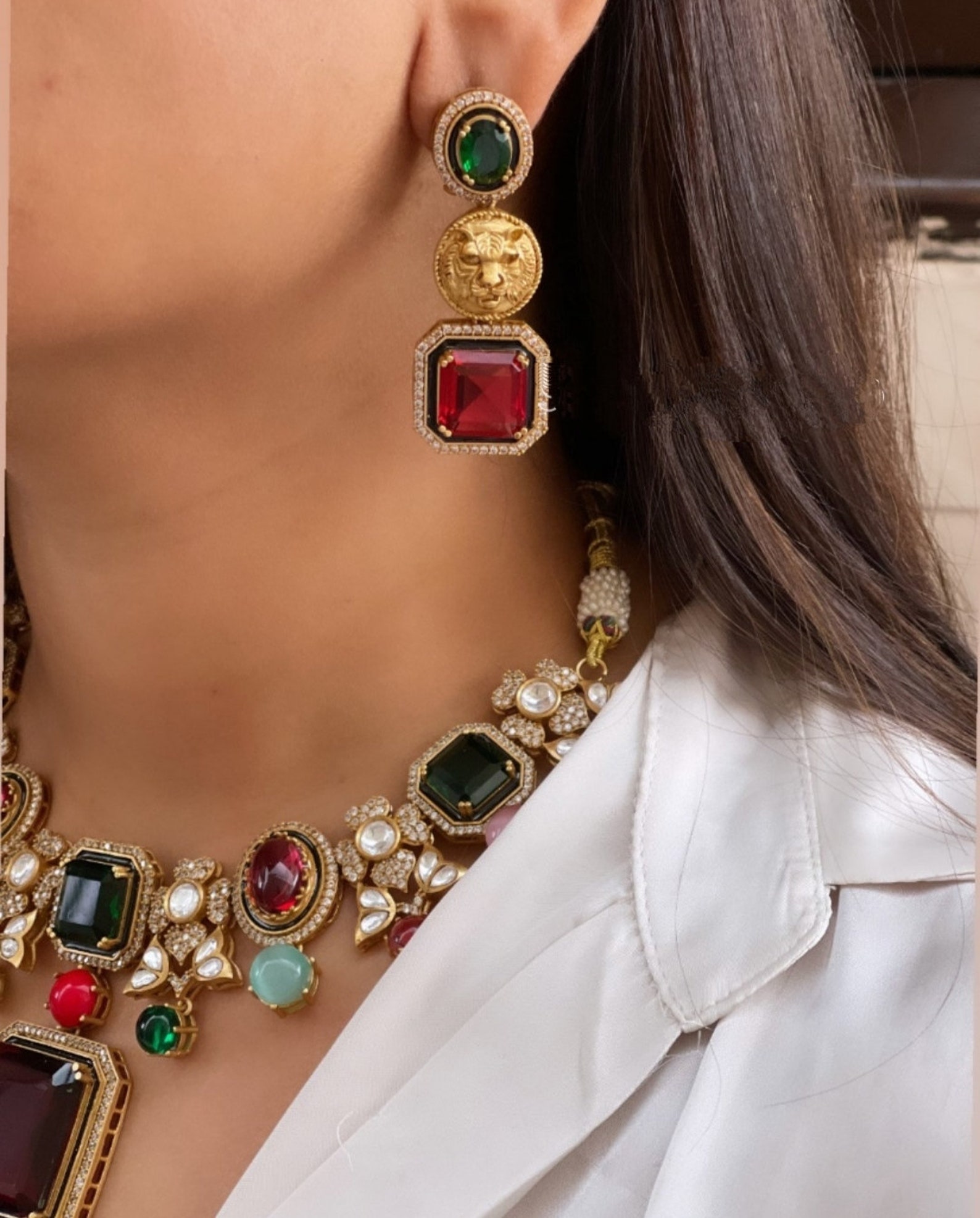 Premium Sabyasachi Inspired Matt Dull Gold Plated Ruby Red Multicolor ...