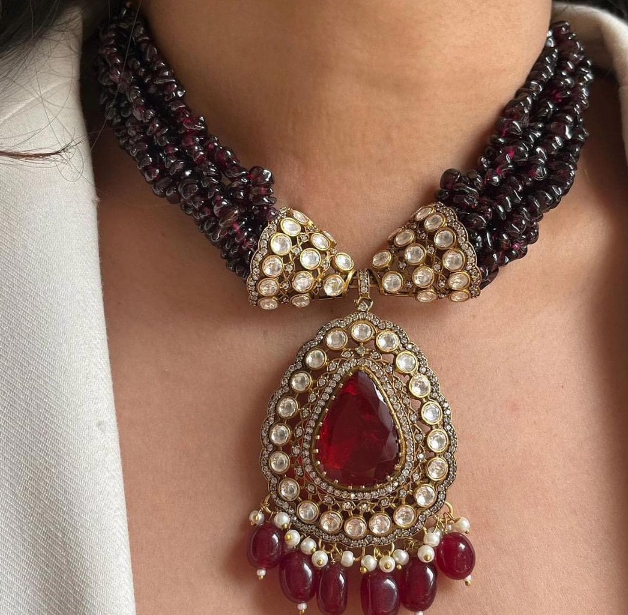 Premium Sabya Inspired Multi Layered Beaded Garnet Marron Ruby Red ...