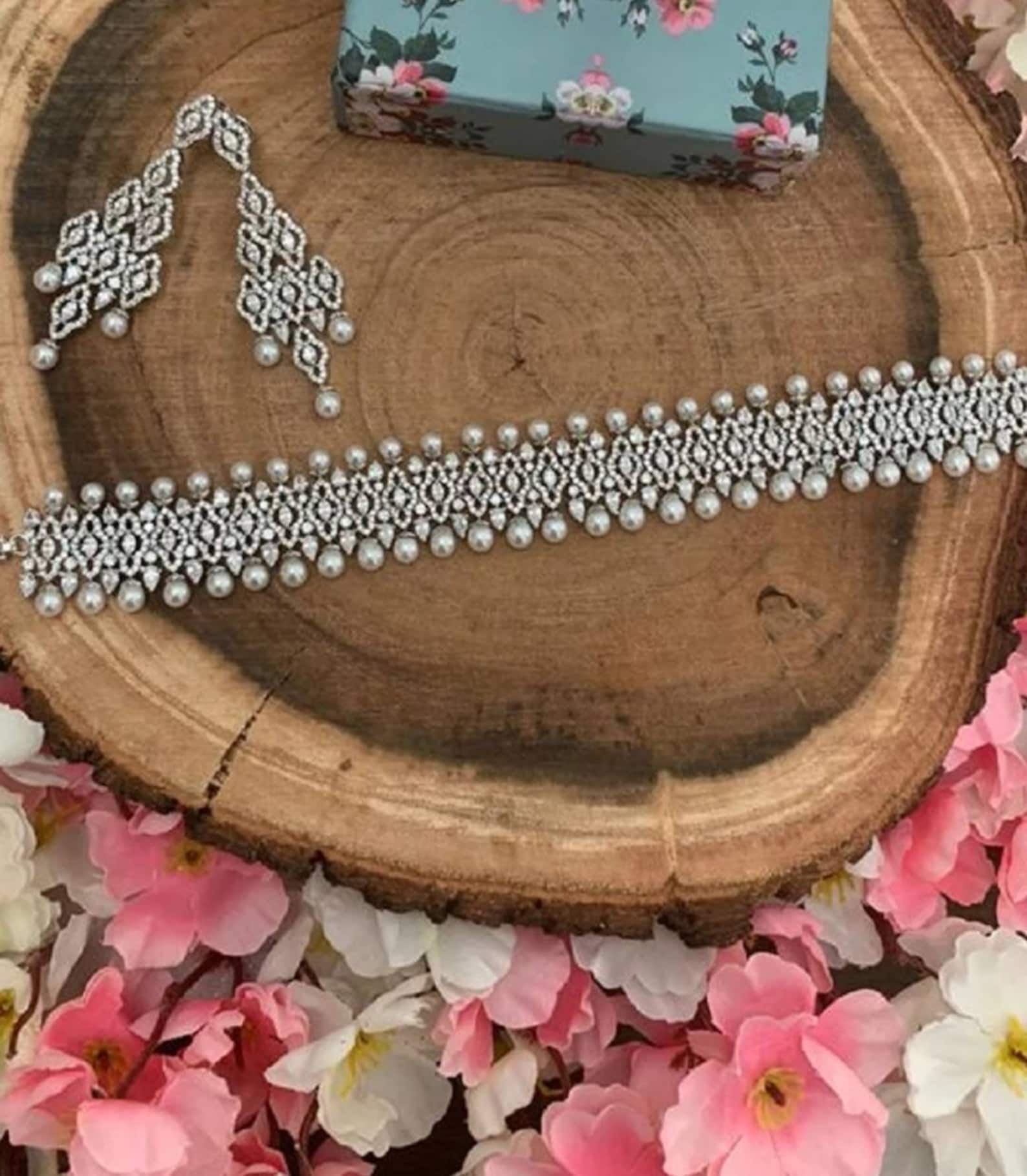 Pearl and Cz White Gold Plated Choker/cz Diamond Necklace/pearl and ...