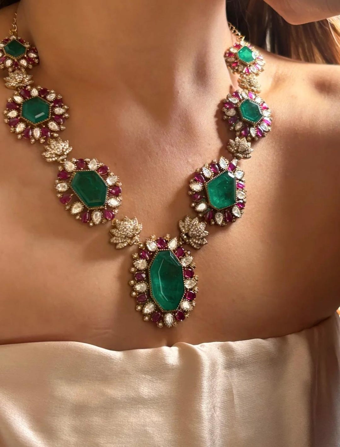 Green Red Victorian Doublet Moissanite Polki Cz Diamond Necklace Set ...