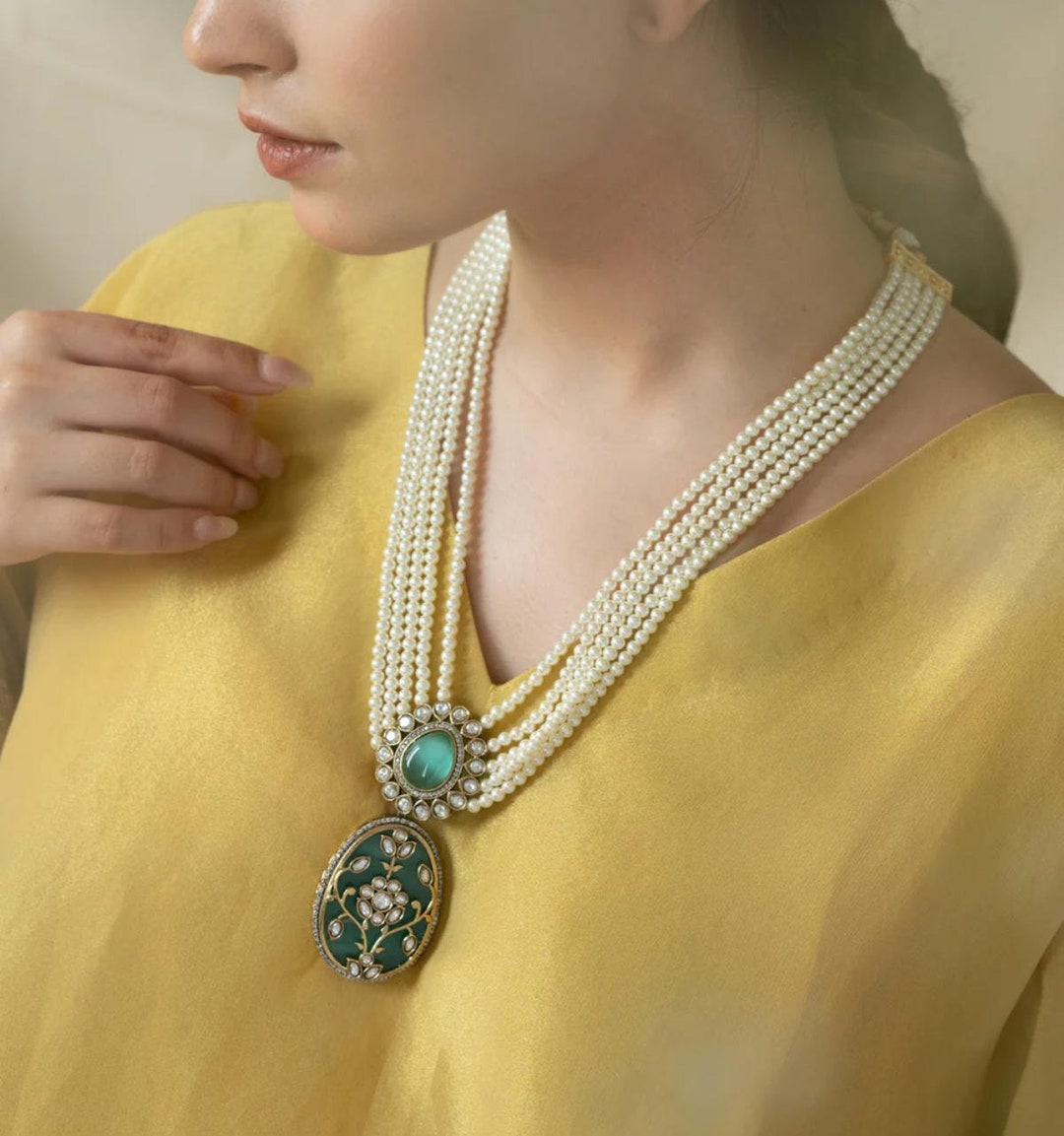 Premium Multi Layered Mint Pearl Victorian Long Necklace Indian Long ...