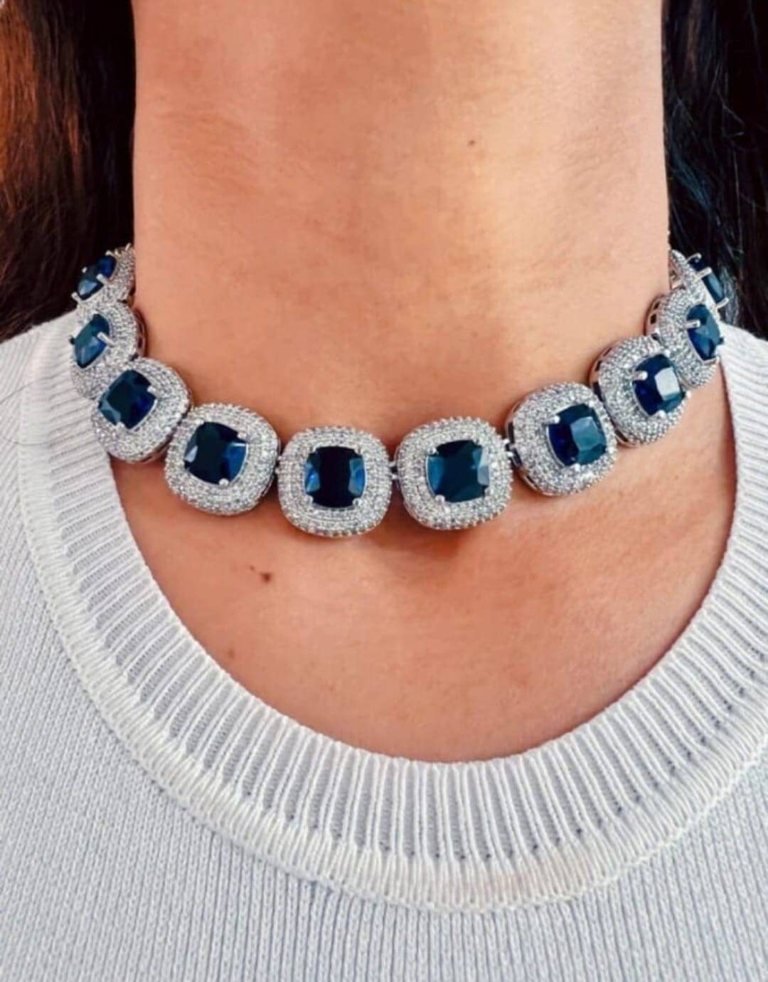 Silver Finish Sapphire Blue Diamond Choker CZ Necklace - Etsy