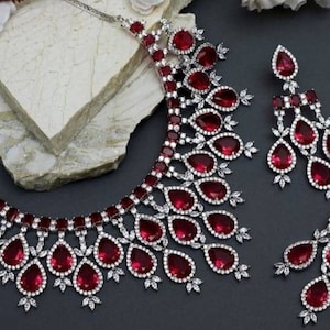 High Quality Ruby Red Cz Diamond Choker Necklace Set Ruby Diamond Set ...