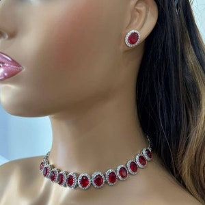 Silver Finish Ruby Red Cz Choker Necklace Set/red Choker Necklace/red ...