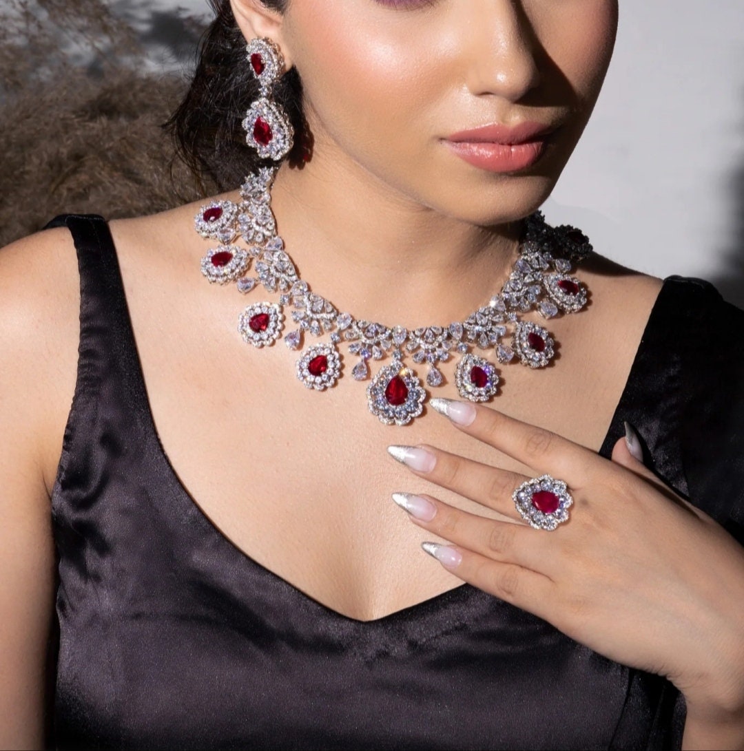 5 Piece Red Diamond Necklace Set American Diamond Necklace Set Ruby CZ ...