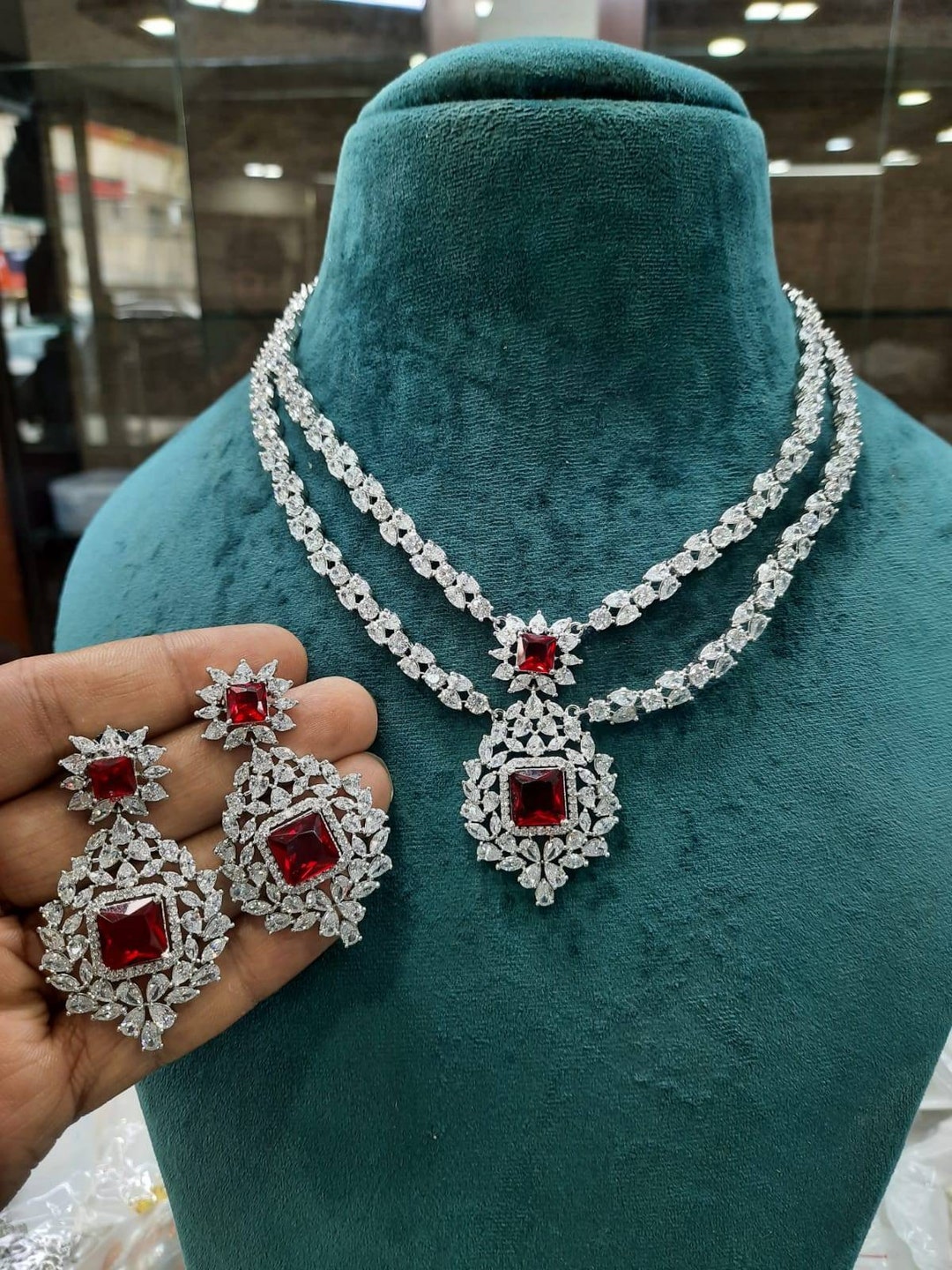Silver Finish Ruby Red CZ Diamond Choker Necklace With - Etsy