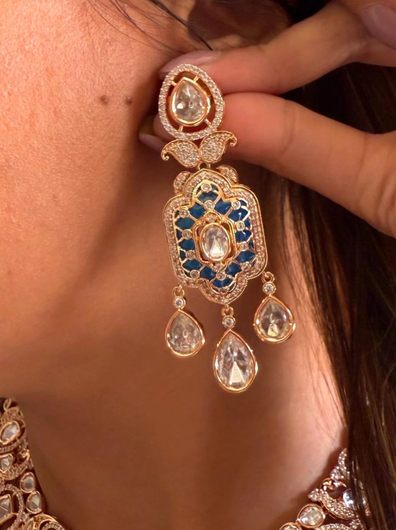 Sapphire Blue Polki Necklace Set: Victorian Jadau, Uncut Moissanite ...