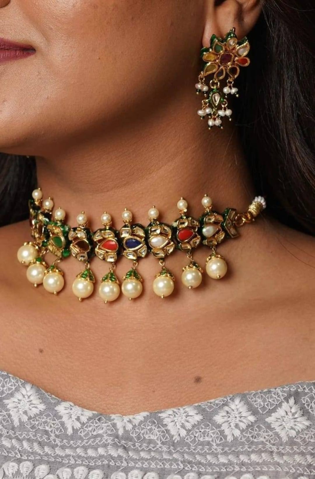 Gold Tone Navratan Kundan Meenakari Necklace Set/multicolor Jadau Set ...