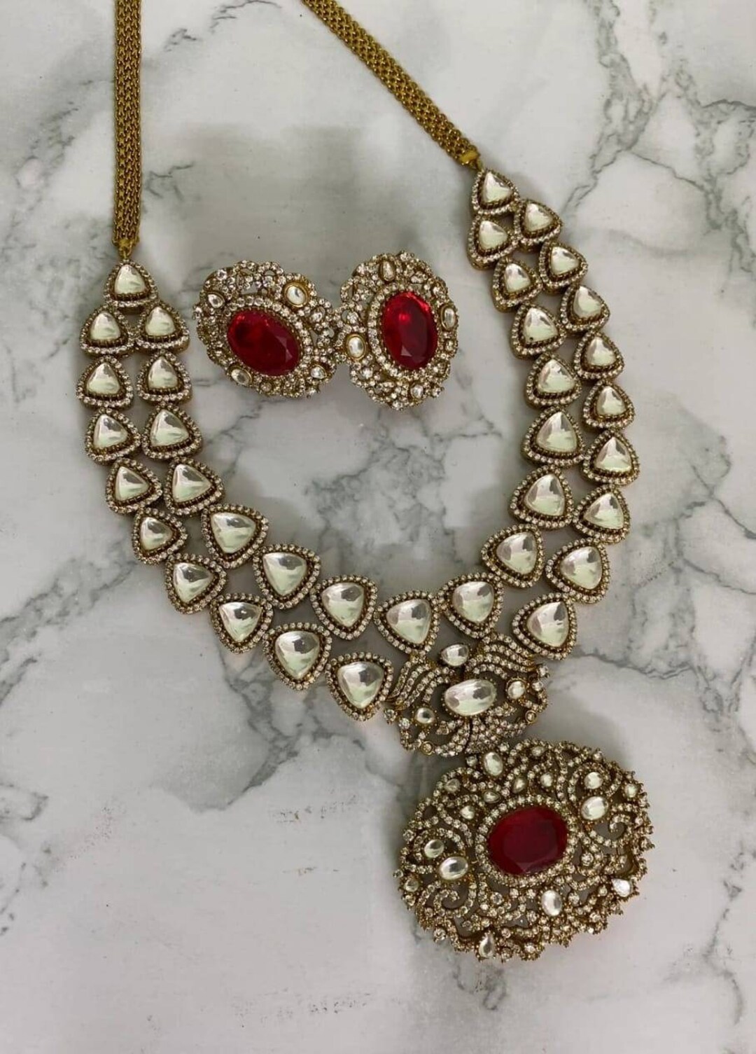 Fine Quality Tyaani Inspired Dull Gold Ruby Red Green Kundan Zirconium ...