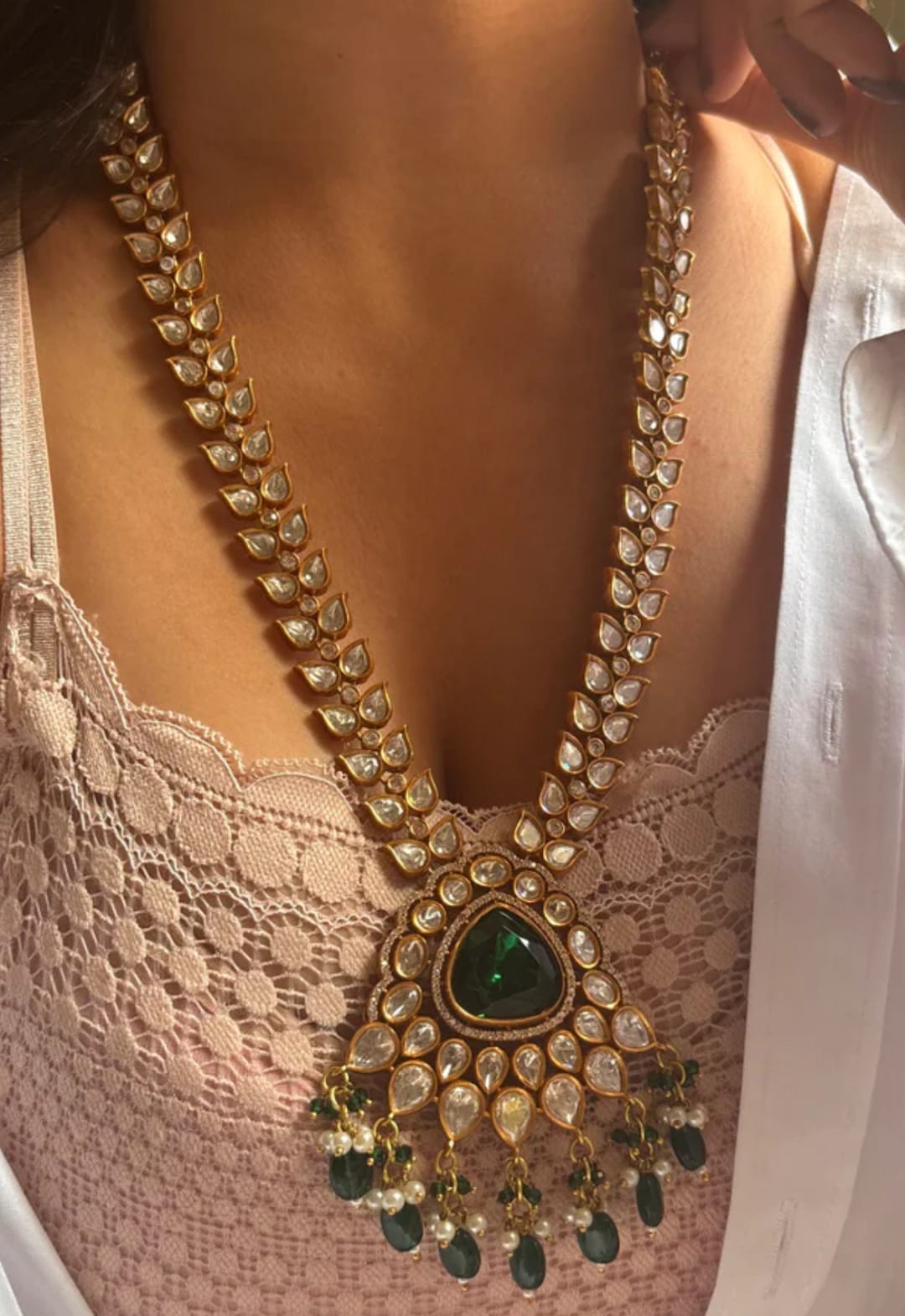 Fine Gold Tone Long Emerald Green Kundan Necklace With Earrings ...