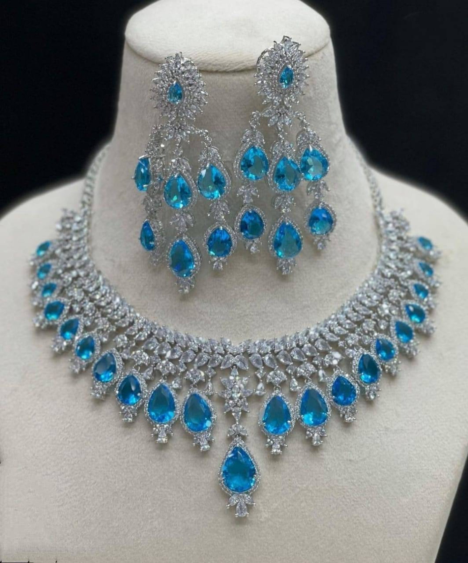 White Tone Electric Blue Topaz Turquoise Diamond Necklace - Etsy