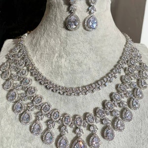 Elegant Diamond Necklace statement Jewelry Set statement Necklace indian Jewelry cz Necklace pakistani Choker diamond Choker clear Stone Set Etsy
