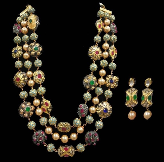 3 layer long Necklace set/Designer necklace set/Multi color | Etsy