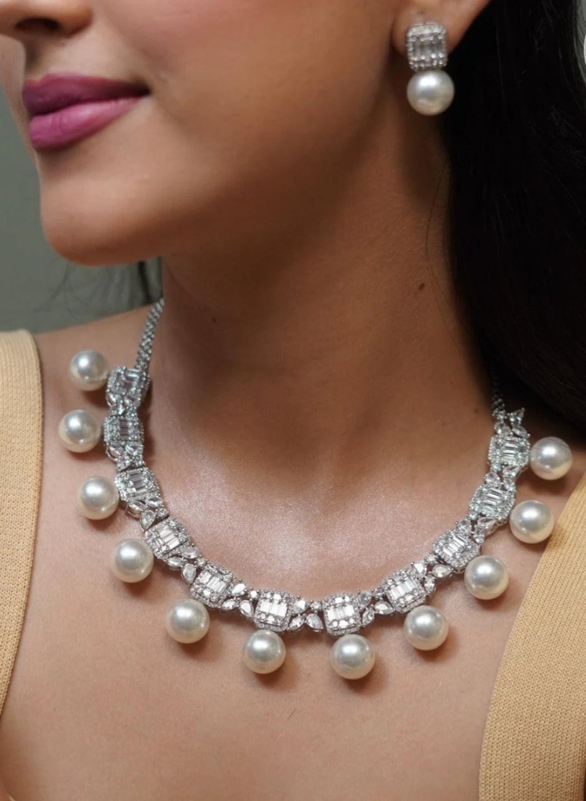 Silver Finish Pearl CZ Necklace Set/diamond Necklace/american Diamond ...