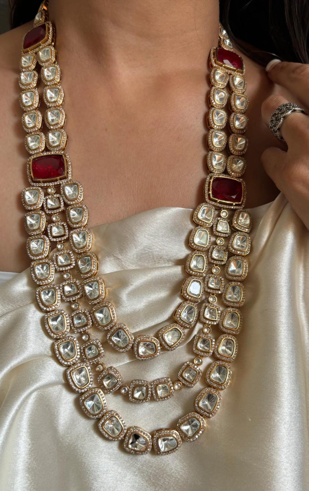 Royal Tyaani Jewelry Inspired Long Gold Plated Three Layered Ruby Red Emerald Green Doublet ...