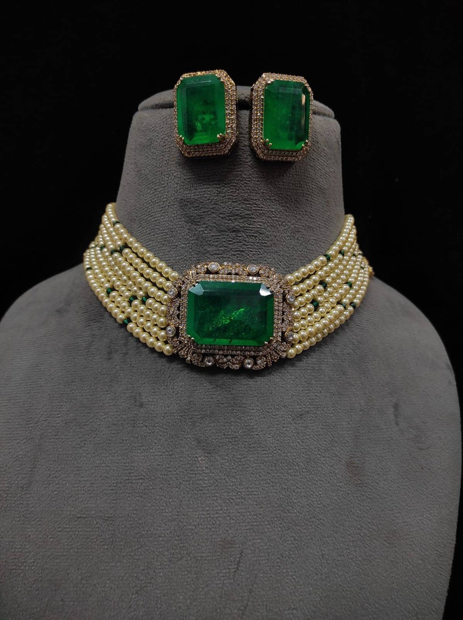 Victorian Emerald Hot Pink Yellow Pearl Statement Diamond Choker 8220