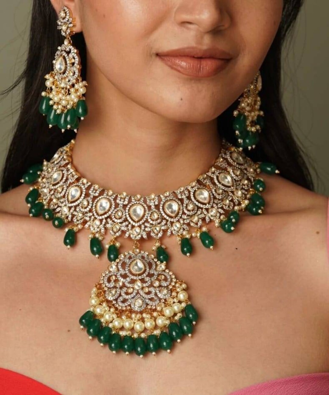 Fine Quality Emerald Green Ruby Pink Uncut Fauk Polki Kundan Diamond ...