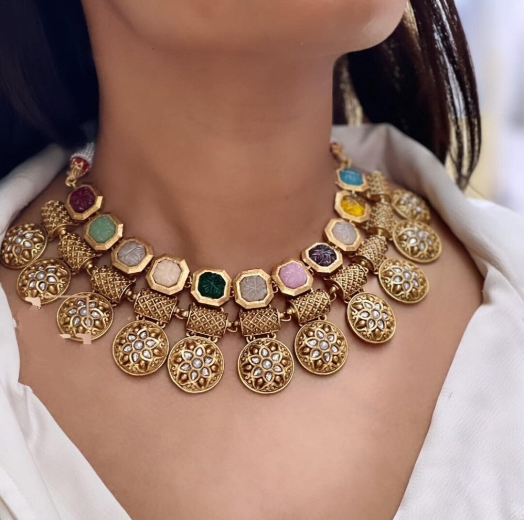 Premium Amrapali Inspired Dull Antique Gold Pearl Carved Multicolor ...