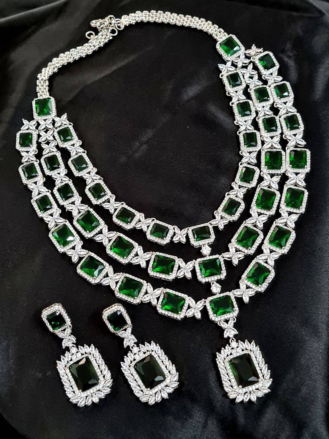 Long Classy Layered Ruby Red Cubic Zirconia Emerald Necklace/earrings ...