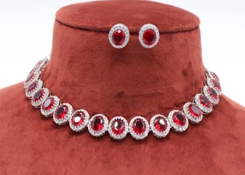 Silver Finish Ruby Red Cz Choker Necklace Set/red Choker - Etsy