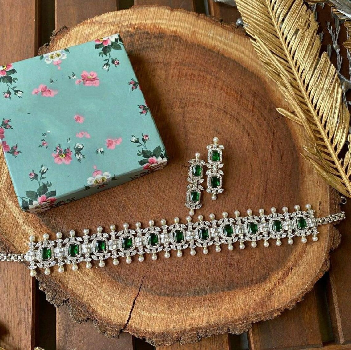 Emerald Diamond Pearl Choker Set/lab Emerald Faux Diamond - Etsy