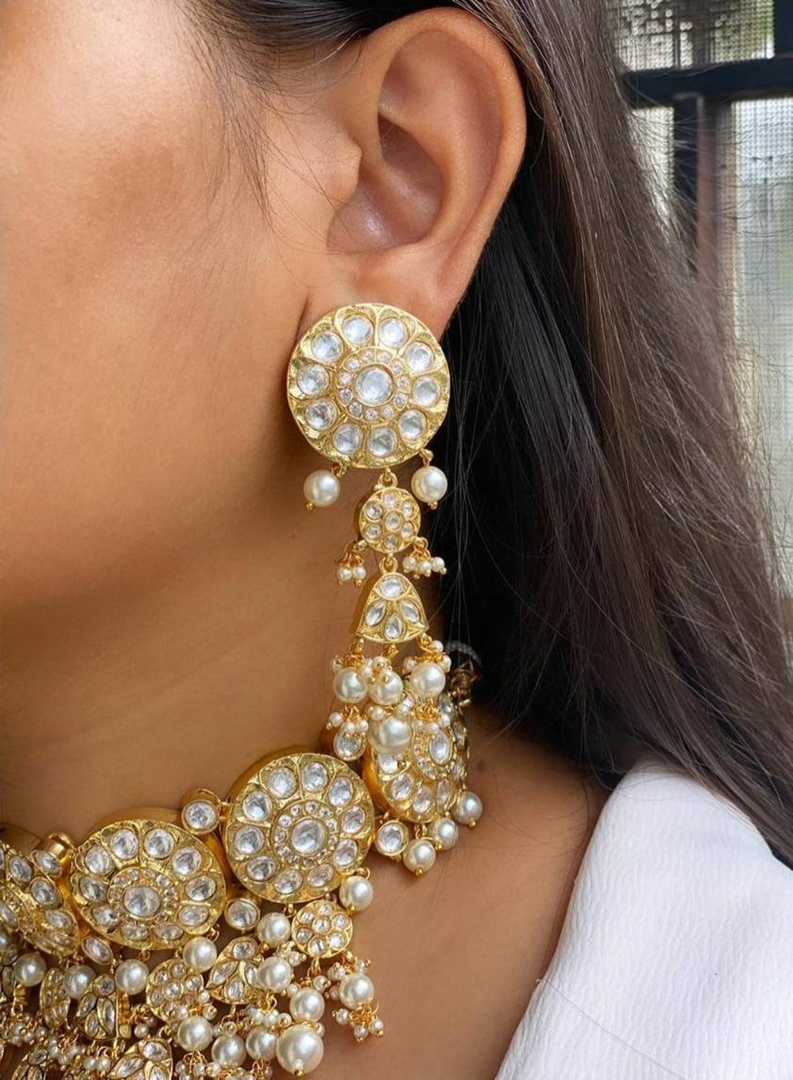 Gold Plated Polki & Pearl Necklace Set/designer Polki Necklace - Etsy