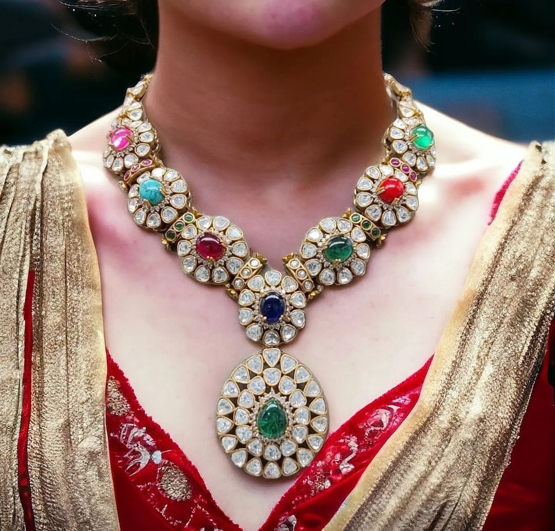 Sabya Inspired Navratan Feroza Multicolored Long Uncut Polki Necklace Fusion Indian Long ...