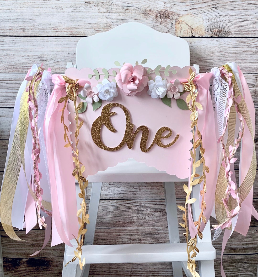 Light Pink, Gold 1st Birthday High Chair Banner, ONE Banner, Baby Girl ...