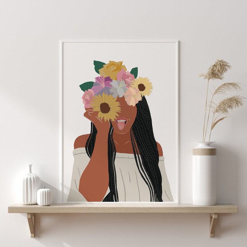 Impressão artística de mulher negra com cabeça de flores, retrato ...