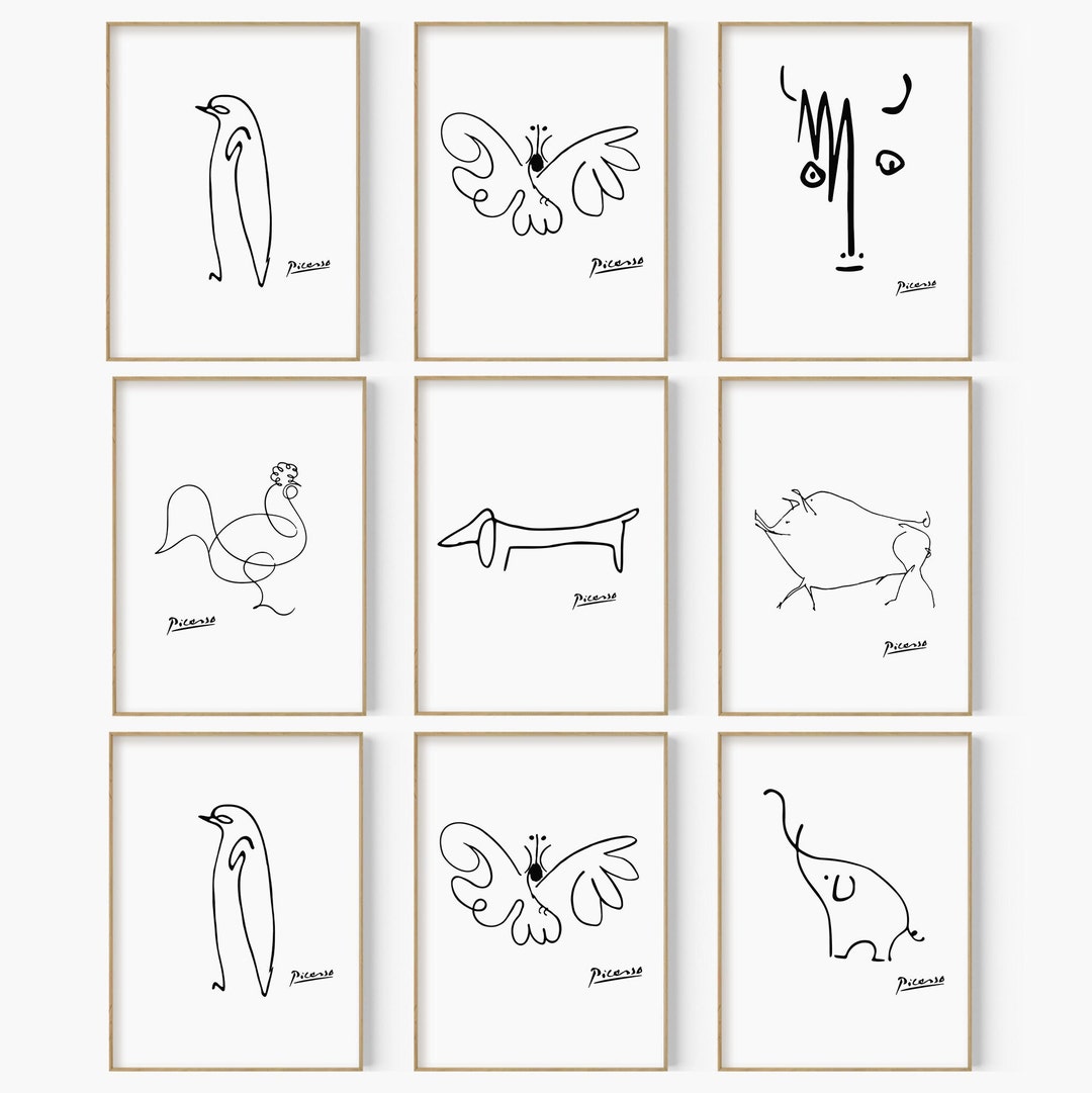 Choose 9 Out of 24 Animals Drawings, Set of 9, Picasso Line Animal ...