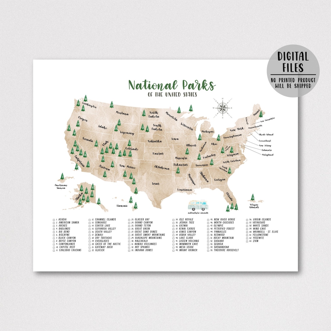 USA National Parks Map-63 National Parks Checklist-us National - Etsy