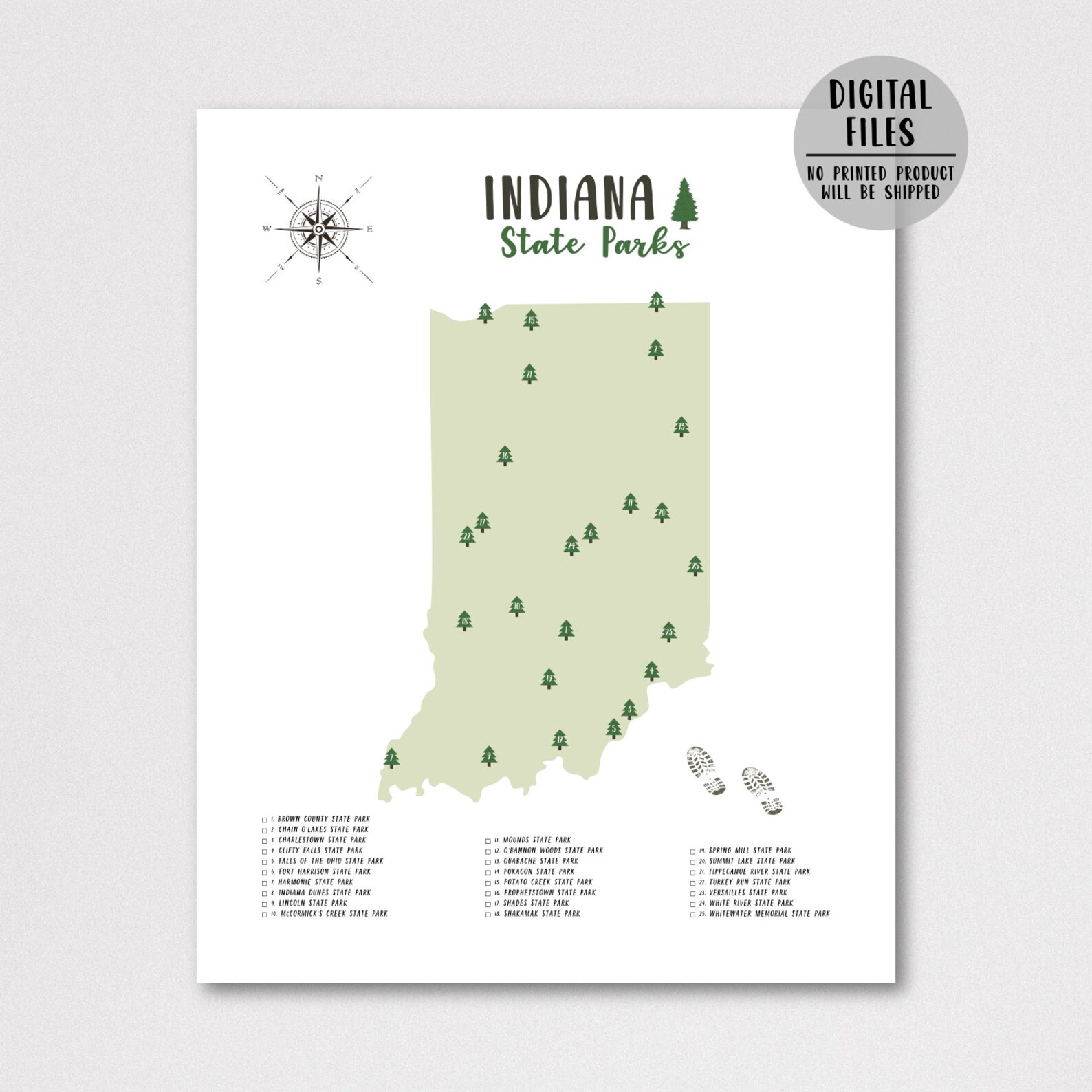 Indiana State Parks Map Print-indiana State Parks Checklist-state Parks ...