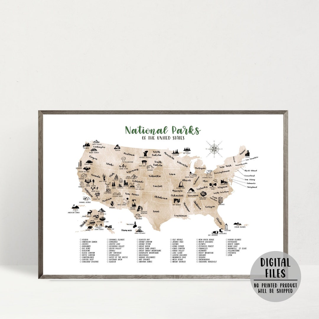 US National Parks Map Print-63 National Parks Map Checklist-national ...