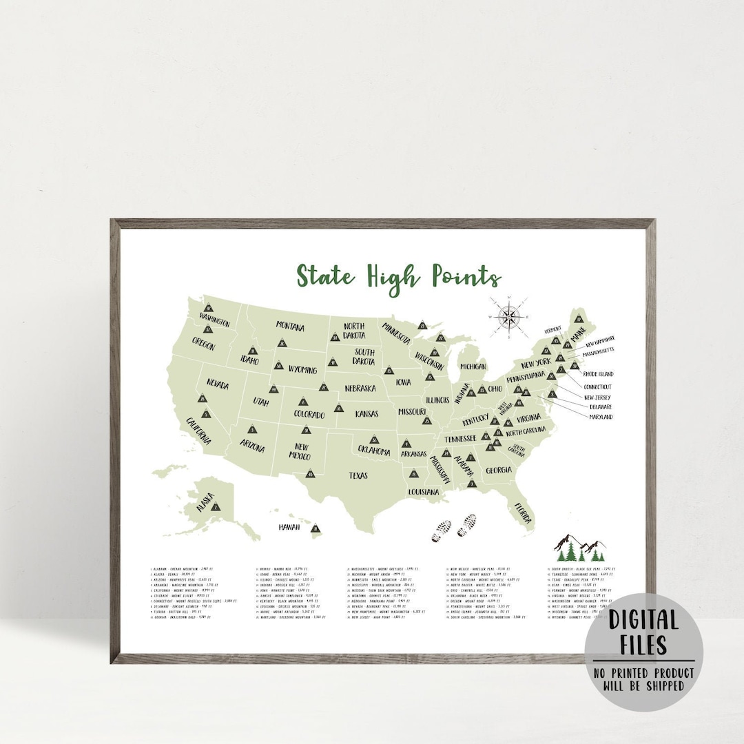 State High Points Map-usa State Peaks-state Highest Peak Map-50 States ...