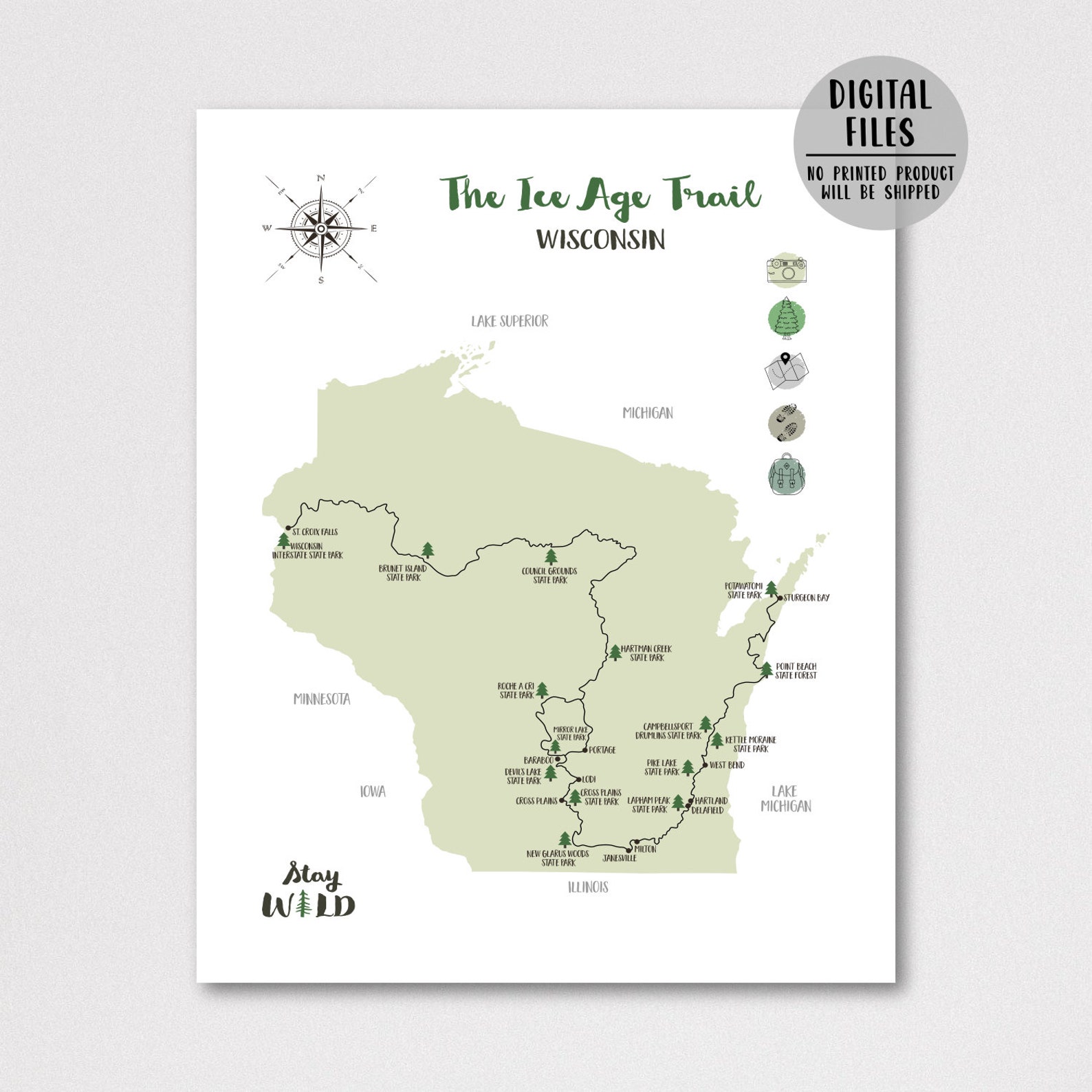 Ice Age Trail Map-ice Age Hiking Trail Map Print-ice Age Trail Hiking ...