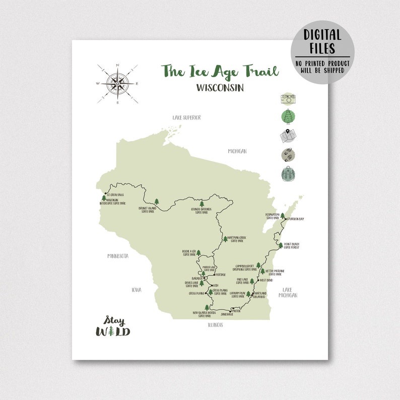 Ice Age Trail Map-ice Age Hiking Trail Map Print-ice Age Trail Hiking ...