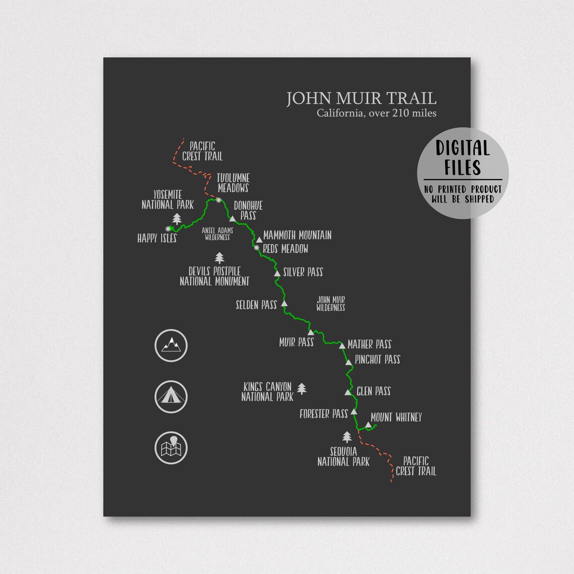 John Muir Trail Map - John Muir Hiking Trail Map Print - JMT Hiking Map ...