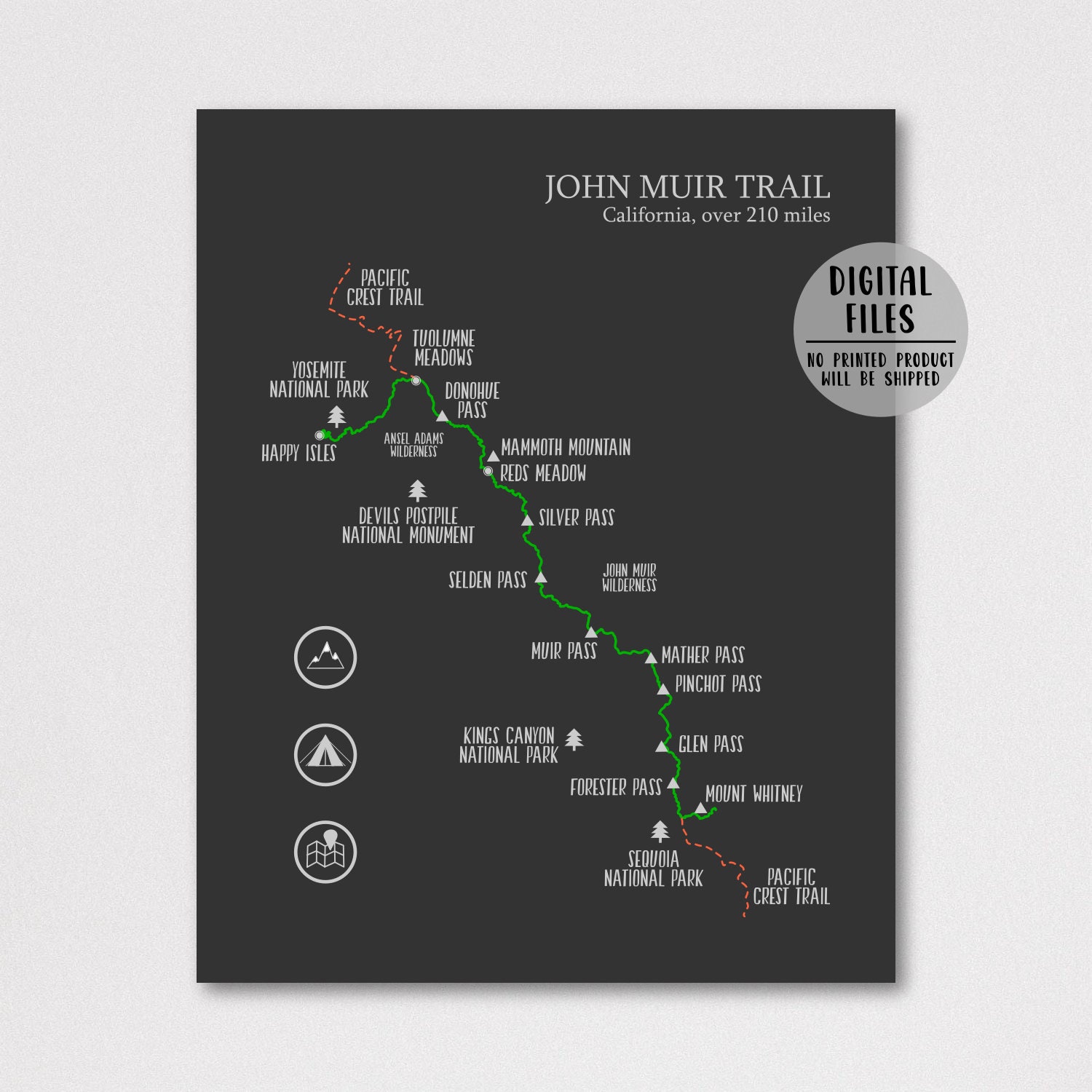 John Muir Trail Map Print-john Muir Hiking Trail Map - Etsy