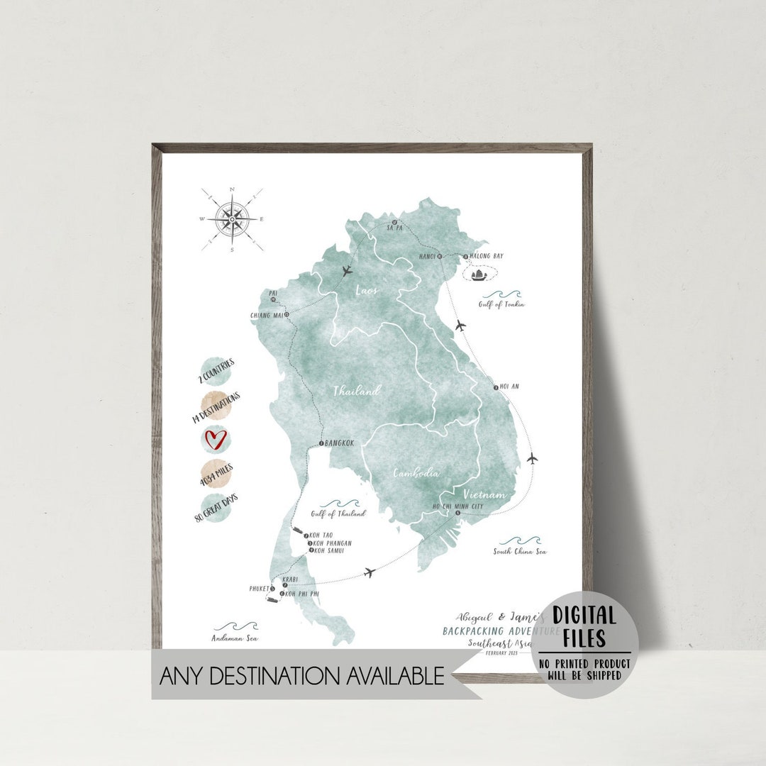 Personalized Asia Travel Map-southeast Asia Backpacking Map-custom ...