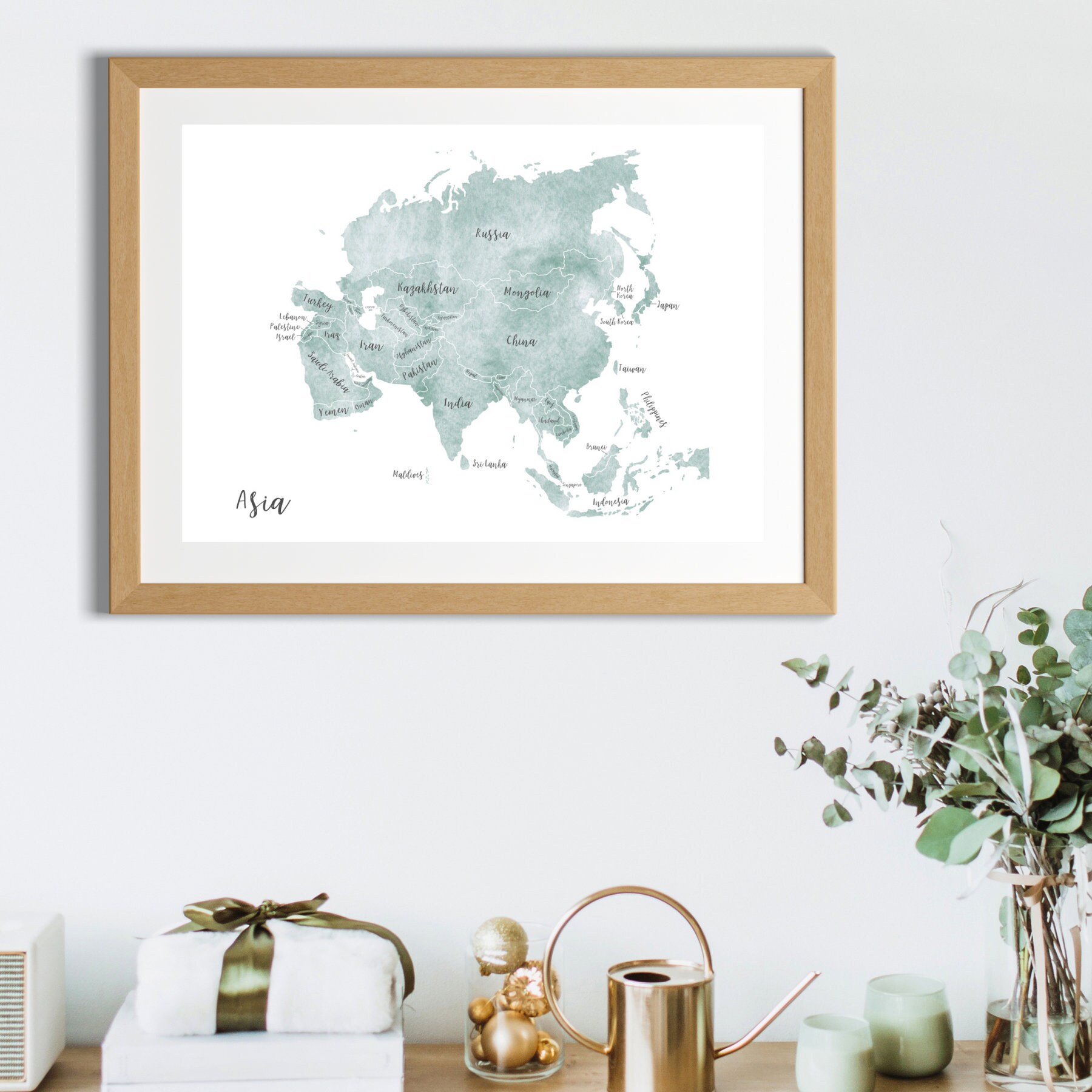 Asia Map With Countries-asia Poster-minimalist Map Print-watercolor Map ...