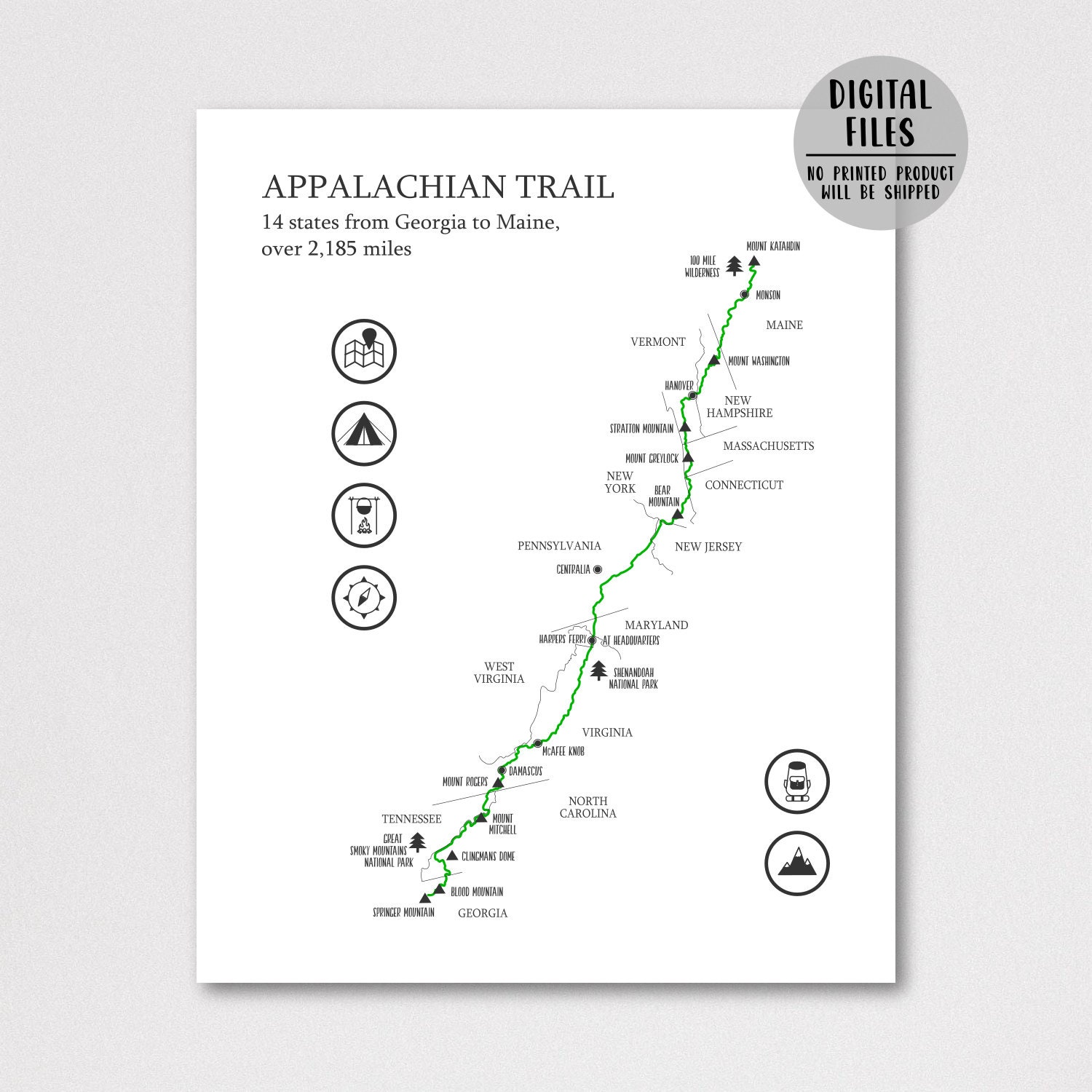 Appalachian Trail Map-appalachian Trail Hiking Map - Etsy