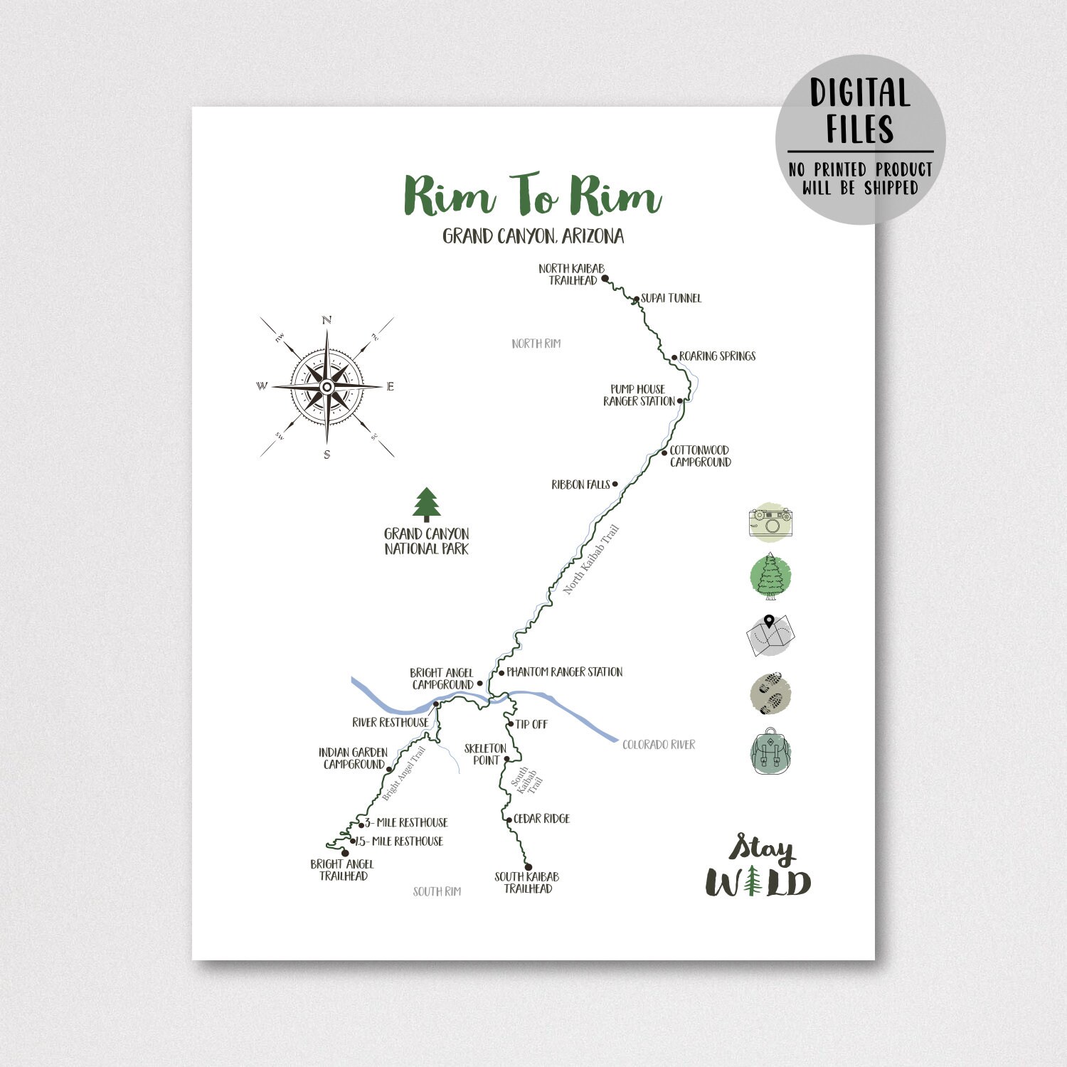 Rim to Rim Trail Map-rim to Rim Hiking Trail Map Print-grand - Etsy