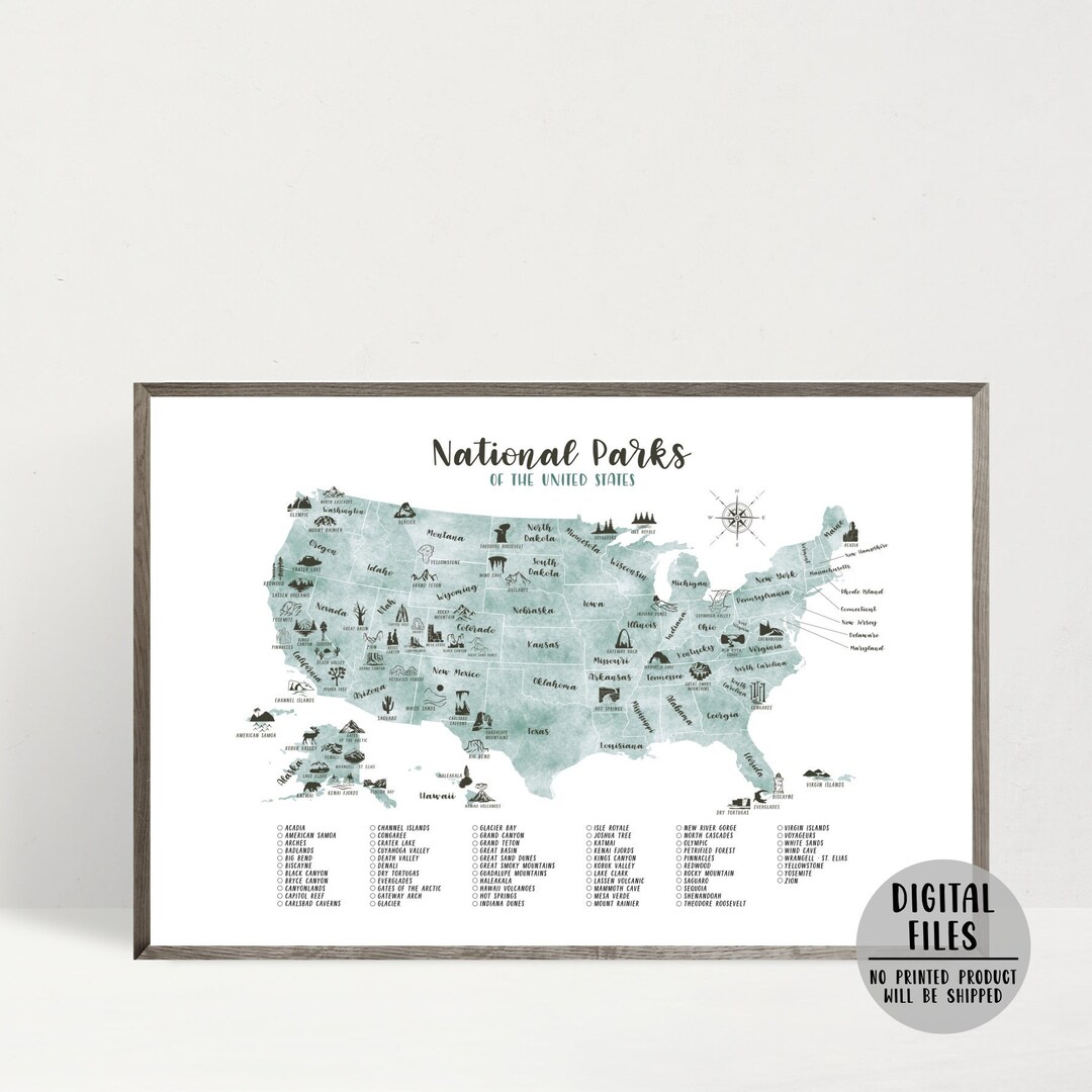 US National Parks Map Checklist-63 National Parks Illustrated Map ...
