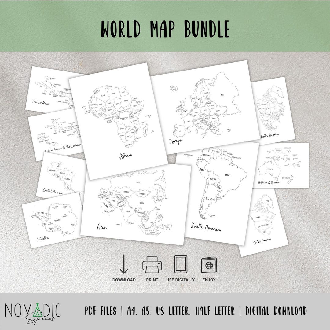 World Map Bundle - Travel Planner Insert - Labeled Continent Maps ...