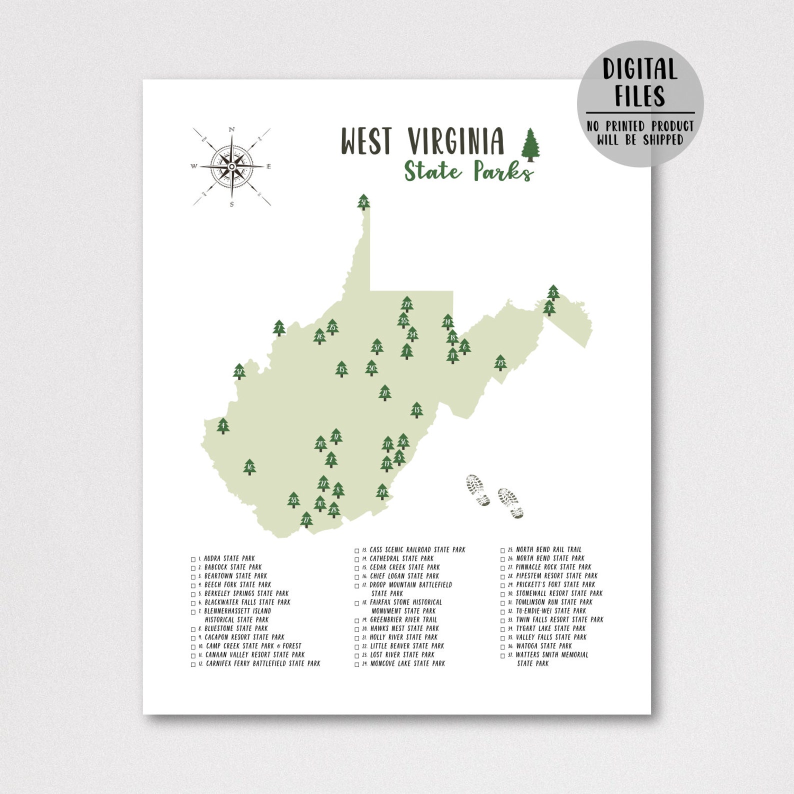 West Virginia State Parks Map Print-west Virginia State Parks Checklist ...