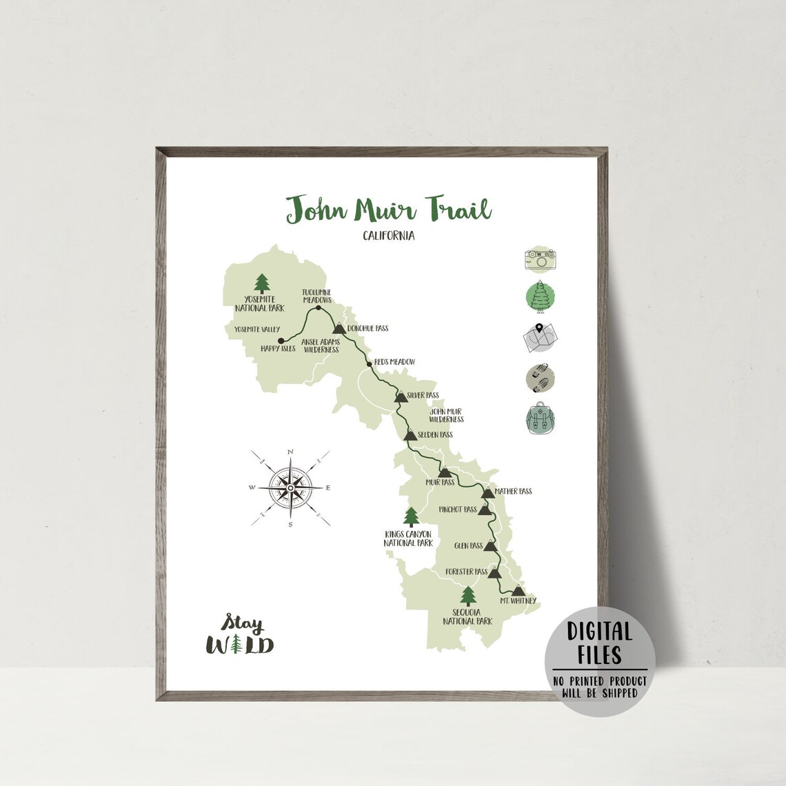 John Muir Trail Map-john Muir Hiking Trail Map Print-jmt Hiking Map ...