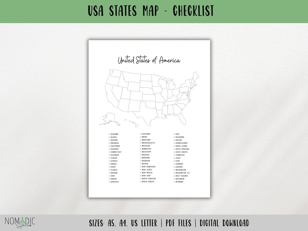 US States Map Checklist-states Travel Tracker-states Challenge-outline ...