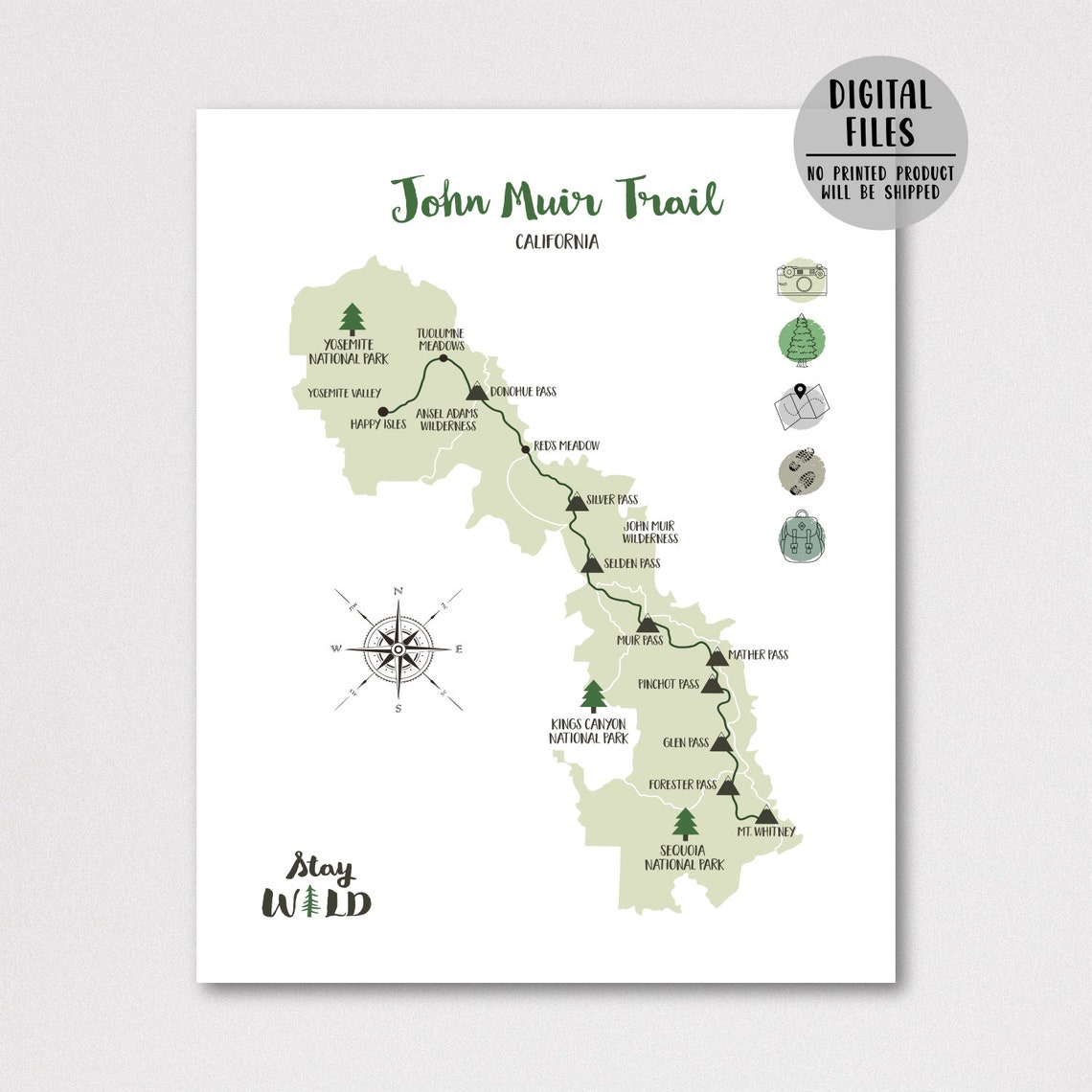 John Muir Trail Map-john Muir Hiking Trail Map Print-jmt Hiking Map ...