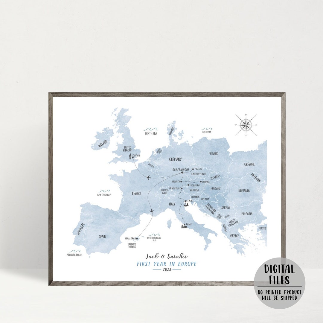Personalized Europe Travel Map Poster-europe Road Trip Map Print ...